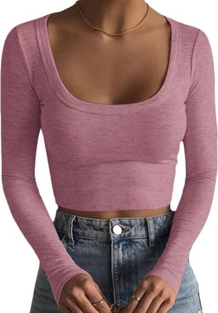 Minetom Damen Langarm T-Shirt mit Quadratischer Ausschnitt Basic Langarmshirt Crop Tops Bauchfrei Oberteile Sweatshirt Pullover Top Herbst Ribbed A Rosa XS