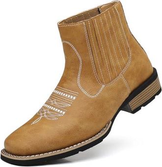 Generic Bottes Cowboy Homme Western Bottines Cheville en Cuir PU Chelsea Slip-on Bout Rond Motif Brodé Rétro Classique Ranch Durable Confortable Mode Décontra