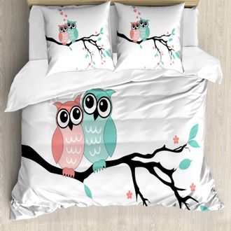 Abakuhaus Teal und Weiß Bettwäsche Set für Doppelbetten, Eulen-Paare, Weicher Microfaserstoff Allegigeignet kein Verblassen, Turquoise Coral Schwarz