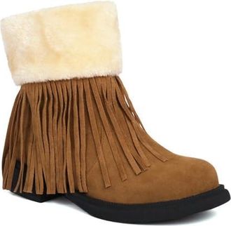 Generic Bottines dhiver &agrave; talon bloc bas pour femme avec pampilles et bordure en fausse fourrure - Chaussures dext&eacute;rieur confortables et chaudes, marron, 39.5