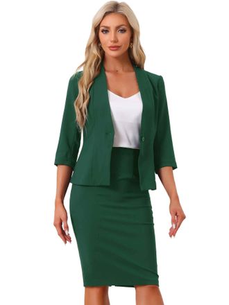 Allegra K Damen Business Rock Anzug Set 2-Teiliges B&uuml;ro Arbeits Outfit Kragenloser Blazer Bleistiftrock Dunkelgr&uuml;n XL