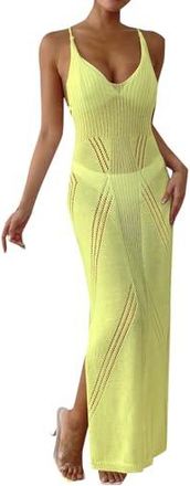 Generic 2026 Robe amincissante pour femme Robe longue sans manches fendue Maxi avec bretelles r&eacute;glables Coupe ajust&eacute;e, jaune, Taille unique