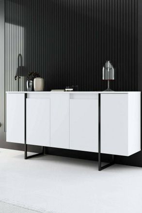 Dmora Sideboard Betel 160x35x80 cm Weiß 4 Regale, 8 Fächer
