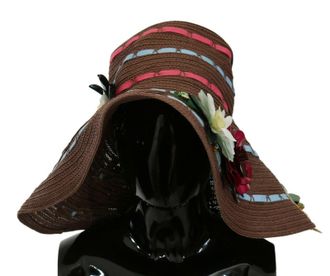 Dolce & Gabbana Womens Brown Knitted Straw Floral Hat Cellulose Polyester Acrylic