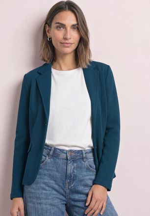 Street One Kurzblazer STREET ONE, Damen, Gr. 34, blau (blau petrol), Stoff, 70% Polyester, 27% Viskose, 3% Elasthan, unifarben, normal normal, V-Ausschnitt, abge