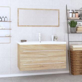 vidaXL Vidaxl - Ensemble de meubles de salle de bain 3 pcs - Armoire d&eacute;vier ch&ecirc;ne sonoma 90x38,5x48 cm - Miroir 90x1,5x37 cm - Vasque c&eacute;ramique blanche
