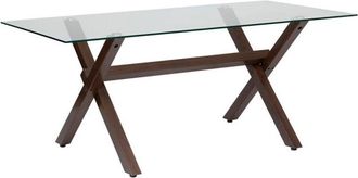PEGANE Table de repas, table &agrave; manger rectangulaire en verre et pieds en acier effet noyer - Longueur 180 x Profondeur 90 x Hauteur 74,5 cm