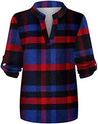 Generic Vestes pour femmes 2026 &agrave; manches longues d&eacute;contract&eacute;es &agrave; carreaux, bleu, 3XL