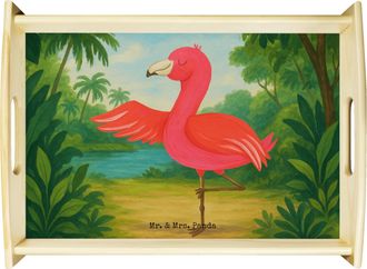 Mr. & Mrs. Panda Tablett Flamingo Yoga Design - Geschenk, Yogapose, Servier, sofatablett, Holz, Vogel, Urlaub, Baum, Frühstückstablett, Serviertablett, Yogi, Achtsamke