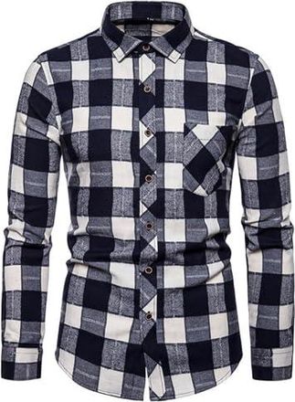 Generic Chemise classique élégante pour homme - Coupe droite - Extensible - En coton - Manches longues - Boutonnée - Vichy, Bleu marine., XL