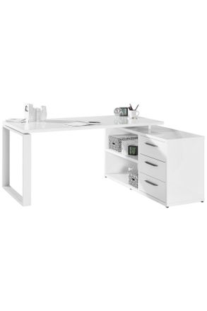 CARRYHOME Eckschreibtisch, Weiß Hochglanz, Metall, 3 Schubladen, Freiform, Kufe, 75x140x170 cm, ISO 9001, FSC, Stauraum, seitenverkehrt