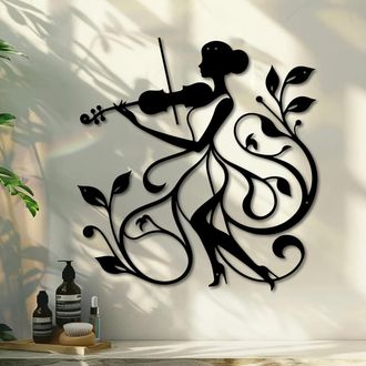 Generic Wanddeko aus Metall Geigerin mit floralem Muster Eisen 38 x 40 cm (14,9 x 15,7 Zoll) Musikzimmer Deko kreatives Wandbild einzigartige Wohndekoration E