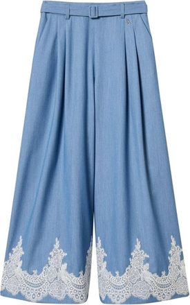 Twin-Set Actitude, Femme, Pantalons, Bleu, Taille: 42 FR Pantalon palazzo avec dentelle et ceinture