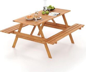 Costway Ensemble Table de Pique-Nique avec 2 Bancs Intégrés, Ensemble de Jardin en Bois Dur pour 6 Personnes Table Charge 70KG, pour Jardin Piscine, 150 x