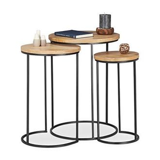 Relaxdays Beistelltisch 3er Set, runde Ablage, Satztische in 3 Größen, ineinander stellbar, Metall und Mangoholz, natur, H x D: ca. 56 x 41 cm