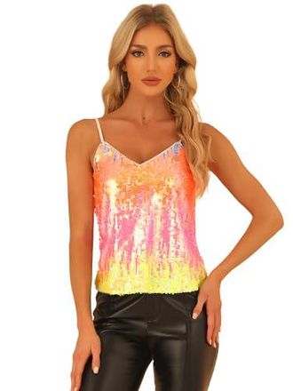 Allegra K Top Paillet&eacute; Femme Bretelles Spaghetti Brillant Scintillant pour F&ecirc;te Soir&eacute;e Orange Bleu Jaune XL