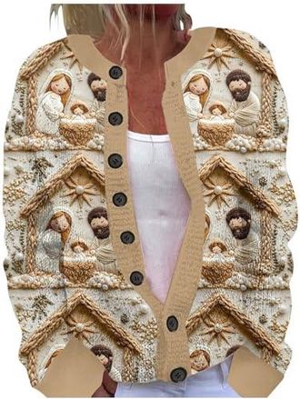 Generic 2026 Vestes de No&euml;l pour femme Cardigan Veste porte-bonheur imprim&eacute;e &agrave; poitrine, kaki, 4XL