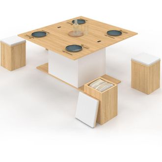 IDMarket Table basse plateau relevable rectangulaire convertible en table &agrave; manger EDEN 100 cm bois et blanc avec poufs