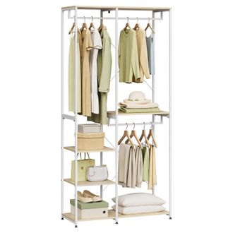 Woltu Kleiderst&auml;nder mit Ablage, f&uuml;r Schlafzimmer Flur, Offener Garderobenst&auml;nder stabil, Kleiderschrank offen, aus Holz und Metall, Wei&szlig; + Hell Eiche