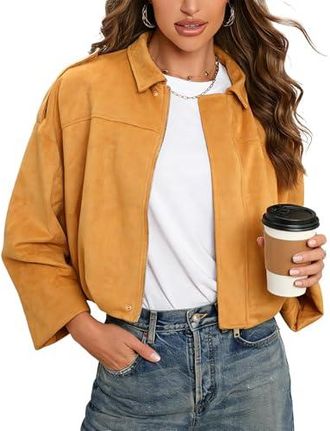 Generic Veste courte en daim synth&eacute;tique pour femme - Style d&eacute;contract&eacute; et l&eacute;ger - Pour lautomne et lhiver - V&ecirc;tements dext&eacute;rieur tendance, jaune, XL