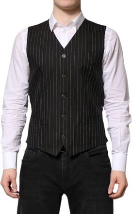 Dolce & Gabbana Black Stripes Wool Formal Men Waistcoat Vest Virgin Clothing