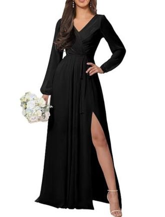Generic Robe de demoiselle dhonneur à manches longues avec fente plissée en mousseline de soie pour femme, Noir, 46 Grande taille