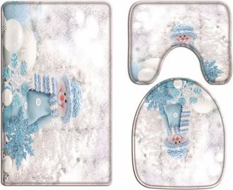 A.Monamour Badezimmer Badematte 3 Teilig Set Winter Wei&szlig; Schnee Schneemann Schneeflocke Weihnachten Thema Kissen F&uuml;r Toilettenzubeh&ouml;r Flanell Saugf&auml;hig Badteppic