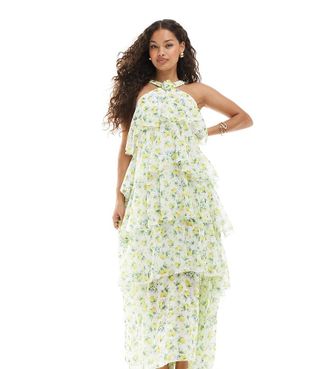 Vero Moda Petite Felicia - Robe longue dos nu à volants avec imprimé citrons et grosse fleur-Jaune