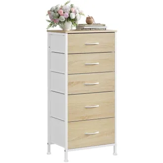 Woltu Commode avec 5 Tiroirs en Tissu, Meuble de Rangement, en MDF Cadre en m&eacute;tal, Ch&ecirc;ne Clair + Blanc