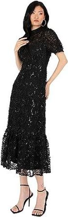 Maya Womens Embroidered Dress for Ladies Sequin Embellished Midaxi Floral High Neck Wedding Guest Ball Evening Cocktail Robes, Black, 40 aux Femmes