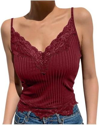 Generic D&eacute;bardeur pour femme - D&eacute;bardeur &agrave; bretelles spaghetti - Avec bordure en dentelle - Avec soutien-gorge int&eacute;gr&eacute; - D&eacute;bardeurs d&eacute;t&eacute; - Col en V - T-shirt 