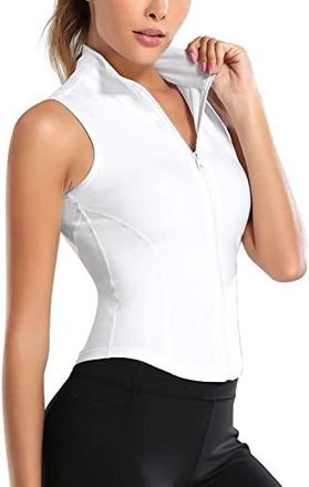 Feoya Débardeur de Sport pour Femme Zippé Col Montant sans Manches Coupe Ajustée Elastique Entraînement Blanc S