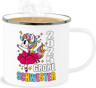 Shirtracer Emaille Becher Blechbecher - Tasse & Bruder Geschenk - Große Schwester 2025 mit Ballerina Einhorn - 300 ml - Weiß Silber - für geschwister zur geburt 