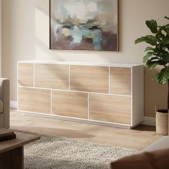 Dmora Kommode Virginio, 7-t&uuml;riges K&uuml;chen-Sideboard, Wohnzimmer-Buffet, 100% Made in Italy, 200 x 41 x 86 cm, gl&auml;nzendes Wei&szlig; und Walnuss