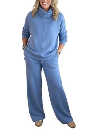 Generic Ensemble 2 pi&egrave;ces avec sweat-shirt et pantalon confortable pour femme, sweat &agrave; col montant, pantalon &agrave; jambes larges, ensemble de surv&ecirc;tement, bleu ma