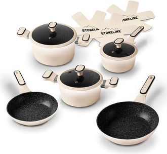 STONELINE Batterie Cuisine 11 pcs 18/20/24 cm Set de Po&ecirc;les et Casseroles avec Couvercle, Faitout Po&ecirc;le Induction Antiadh&eacute;sive avec Vraies Particules de Pierre,