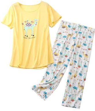 Generic Lot de 2 pyjamas pour femme - Pantalon 3/4 - Coton - Manches courtes - Pyjama imprim&eacute; - V&ecirc;tement de nuit mignon - Deux pi&egrave;ces - Avec pantalon de pyjam