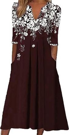 Generic Robes pour femmes âgées 2025 automne nouvelle robe col en V poche imprimé manches trois quarts robe vacances shopping vacances plage marche camping vo