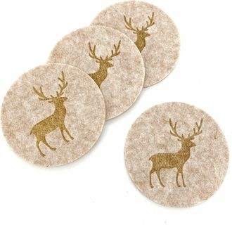 Heimtexland Tischdeko Filz Glasuntersetzer abwaschbar Landhaus Tischdekoration Gl&auml;ser Untersetzer rund 10 cm Typ847 Sand - Hirsch 4er Pack