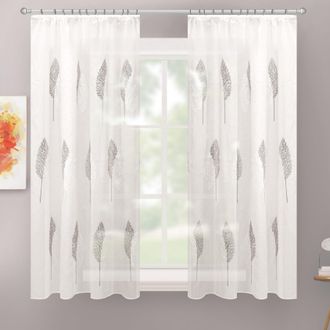 Delindo Lifestyle Gardine mit Kräuselband, 140x145 cm, halbtransparent, Blattmuster in Grau, 2er Set, Weiß