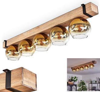 HOFSTEIN Deckenleuchte Montgomery, Deckenlampe aus Metall/Holz/Glas in Schwarz/Natur/Goldfarben/Klar, skandinavischen Design mit Holzbalken und Schirmen aus Gl