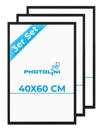 Photolini Bilderrahmen 40x60 schwarz 3er Set Holz MDF, Bilderrahmen 60x40 schwarz, picture frame 40x60 mit bruchsicherem Acrylglas zum Aufh&auml;ngen, Rahmen 60x40 m