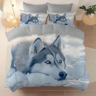 Generic Housse de Couette imprimée Gros Plan Animal Husky Neige, Parure de lit 3 pièces en Microfibre de Luxe Gris Clair Housse de Couette 220 x 240 cm et 2 t