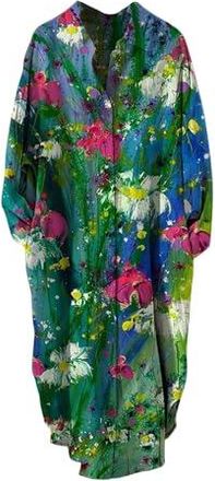 FNKDOR Robes Chemisiers Femme Vintage Imprimé Floral Robe Chemise Boutonnée Col en V Robe Décontracté à Manches Longues Grande Taille Casual Ample Robe Longu