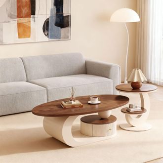 Generic 2PC Couchtisch im Landhausstil, Moderner ovaler Beistelltisch aus Holz mit Schubladen und Stauraum Freistehende Wohnzimmertische for Wohnung/Haus(Whit