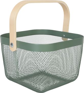 Relaxdays Aufbewahrungskorb mit Griff, Stahl & Holz, Polster- und Utensilien-Organizer, 17,5 x 26 x 24,5 cm