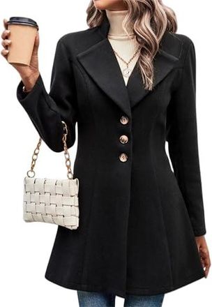 Generic Manteau dhiver en laine m&eacute;lang&eacute;e pour femme, manteau trench &agrave; revers crant&eacute; simple boutonnage &eacute;vas&eacute; mi-long vestes dext&eacute;rieur, Noir, XL