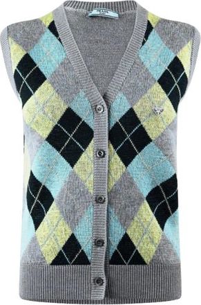 Prada Argyle Fine Knit Button Front Vest Size S