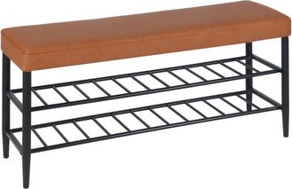Relaxdays Banc &agrave; chaussures Relaxdays, assise rembourr&eacute;e en simili cuir, 2 &eacute;tag&egrave;res pour 8 paires, H x L x P 50x100x30 cm, marron