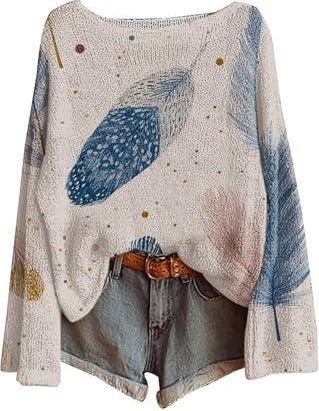 Generic Pull à manches longues pour femme - Col rond - T-shirt à manches longues vintage - Motif floral - Haut décontracté - Hiver - Coton - Pull décontracté 